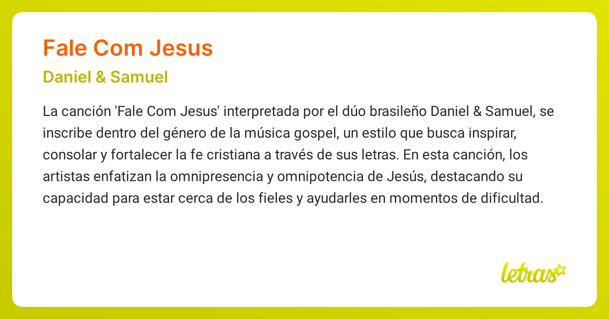 Significado de la canción FALE COM JESUS (Daniel & Samuel) - LETRAS.COM