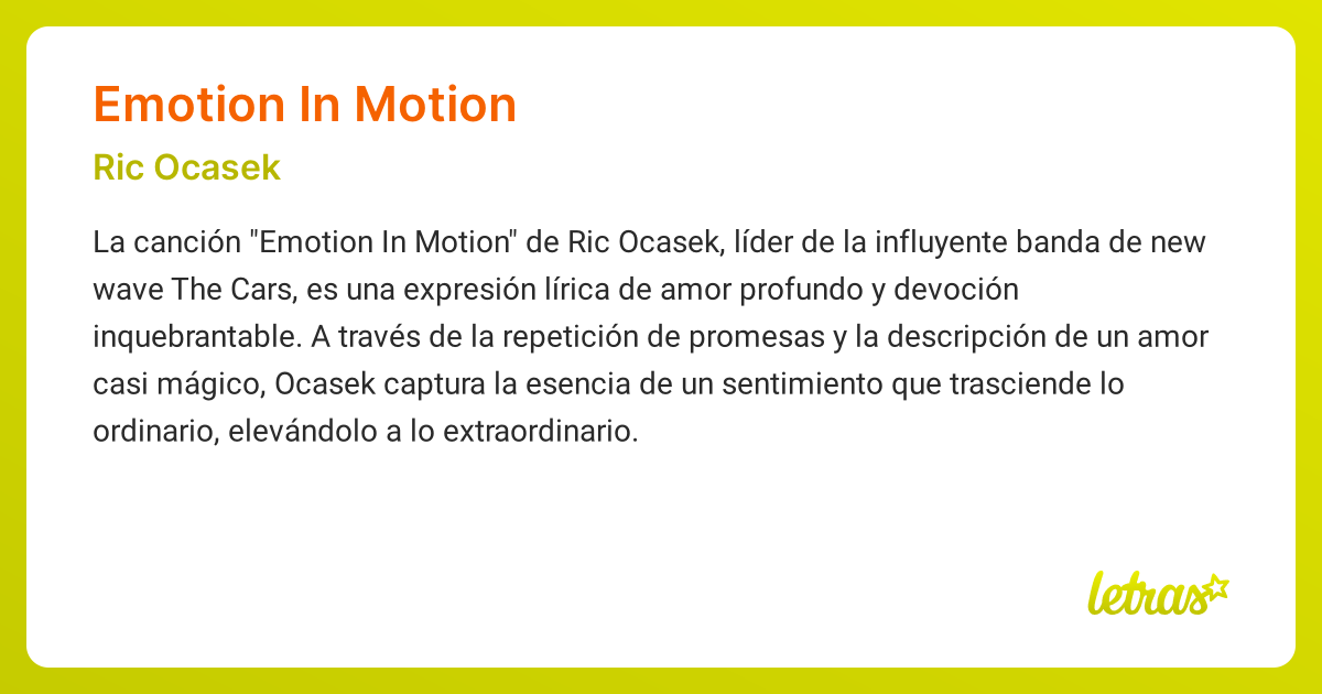 Significado de la canción EMOTION IN MOTION (Ric Ocasek) - LETRAS.COM