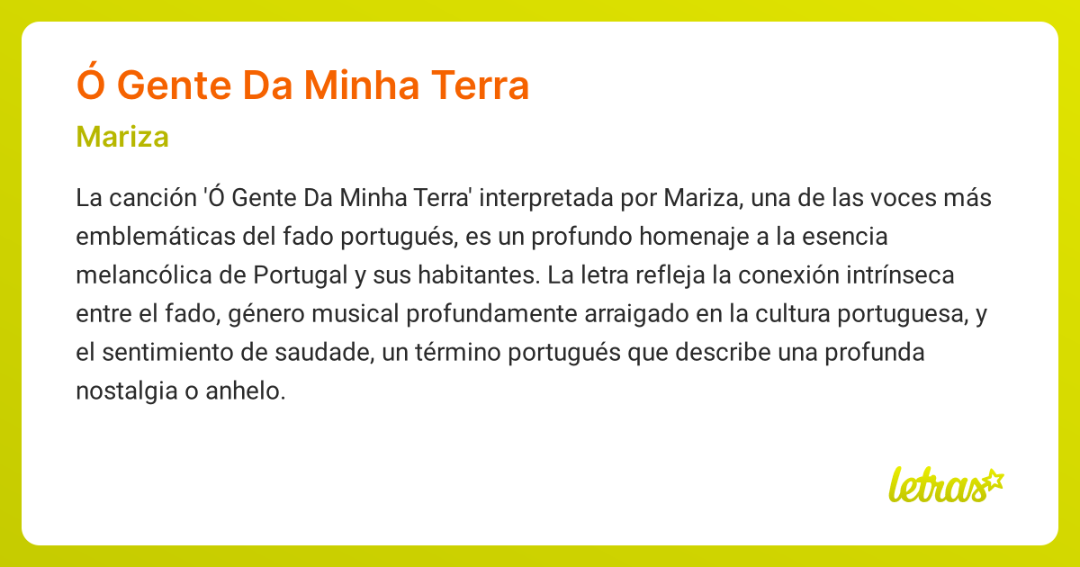Significado de la canción Ó GENTE DA MINHA TERRA (Mariza) - LETRAS.COM