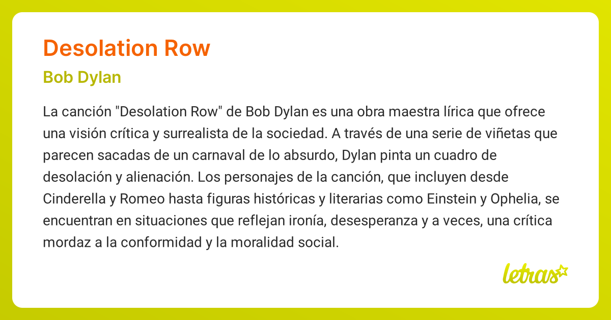 Significado de la canción DESOLATION ROW (Bob Dylan) - LETRAS.COM