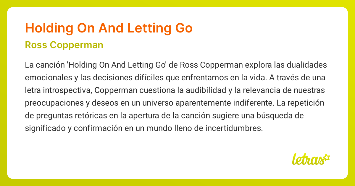 Significado de la canción HOLDING ON AND LETTING GO (Ross Copperman ...