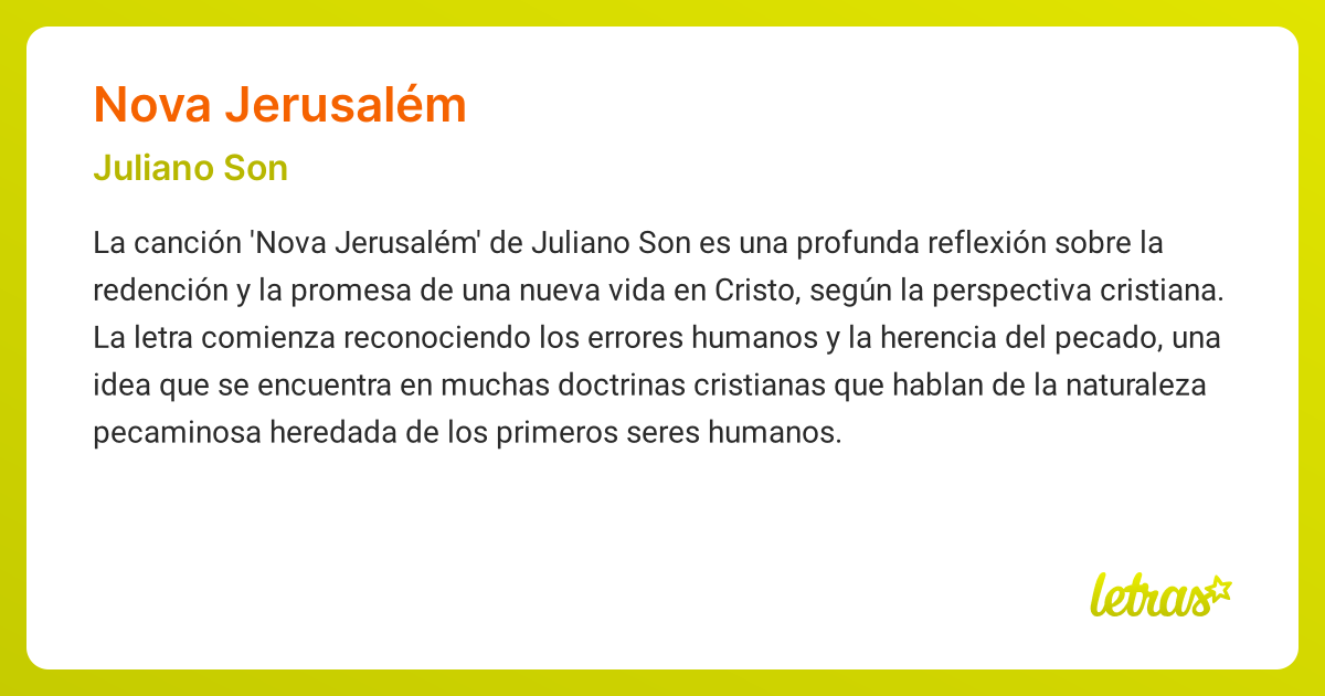 Significado de la canción NOVA JERUSALÉM (Juliano Son) - LETRAS.COM