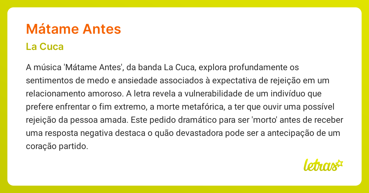 Significado da música MÁTAME ANTES (La Cuca) - LETRAS.MUS.BR