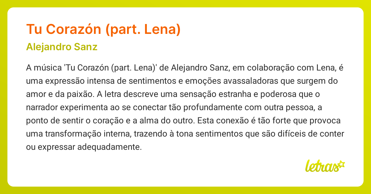 Significado da música TU CORAZÓN (PART. LENA) (Alejandro Sanz) - LETRAS ...