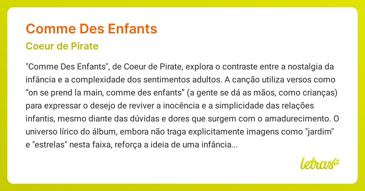Significado da música COMME DES ENFANTS (Coeur de Pirate) - LETRAS.MUS.BR