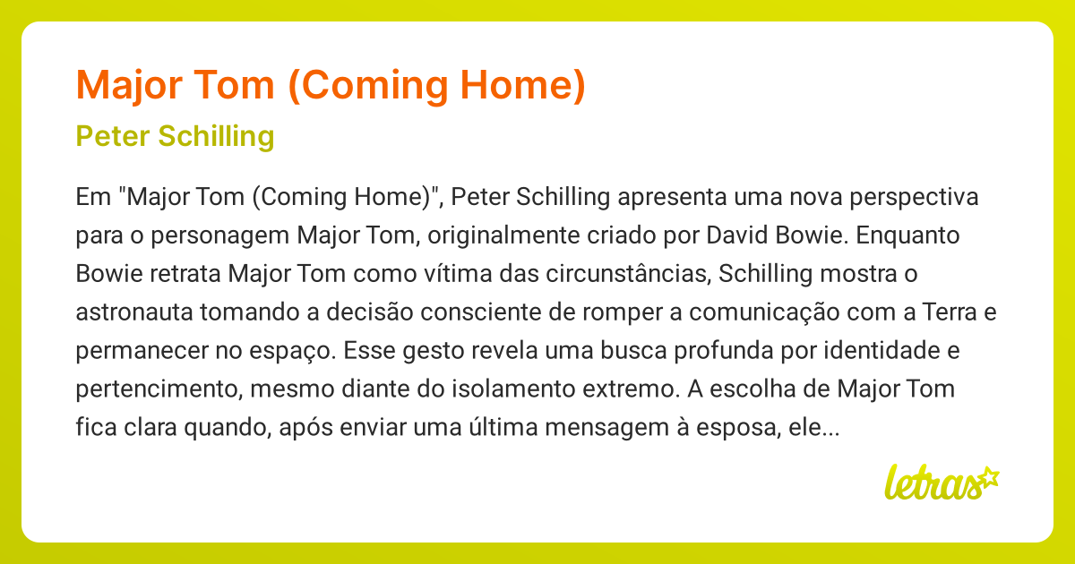 Significado da música MAJOR TOM (COMING HOME) (Peter Schilling ...