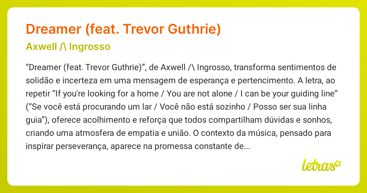 Significado da música DREAMER (FEAT. TREVOR GUTHRIE) (Axwell ...