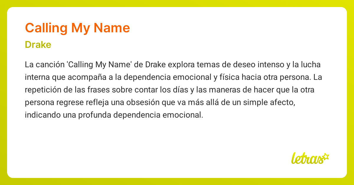 Significado de la canción CALLING MY NAME (Drake) - LETRAS.COM