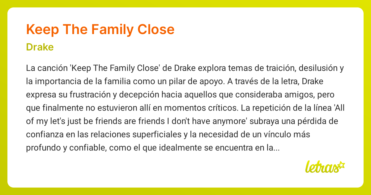 Significado de la canción KEEP THE FAMILY CLOSE (Drake) - LETRAS.COM