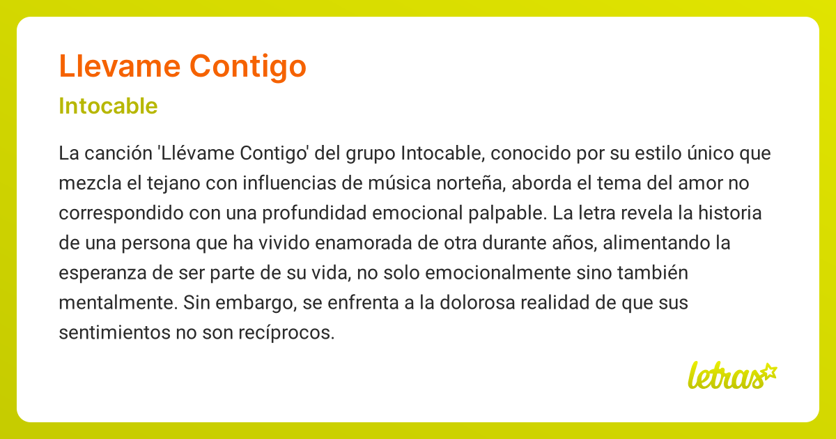Significado de la canción LLEVAME CONTIGO (Intocable) - LETRAS.COM