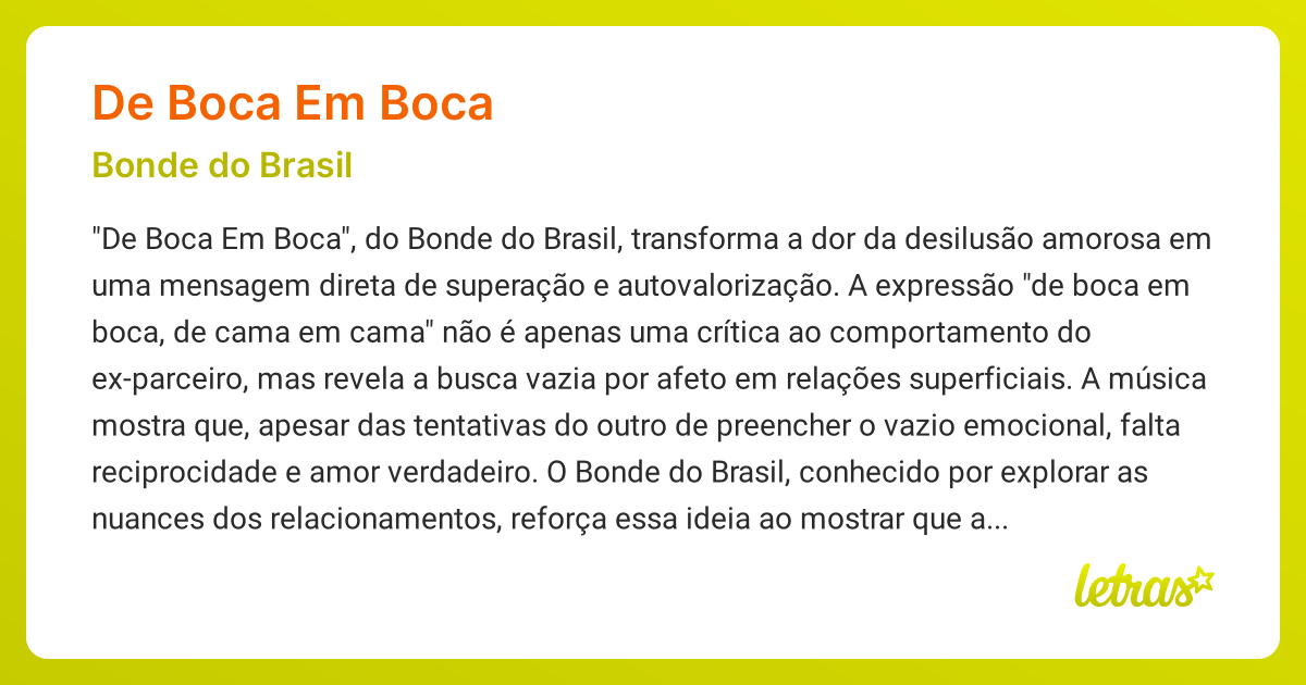Significado da música DE BOCA EM BOCA (Bonde do Brasil) - LETRAS.MUS.BR
