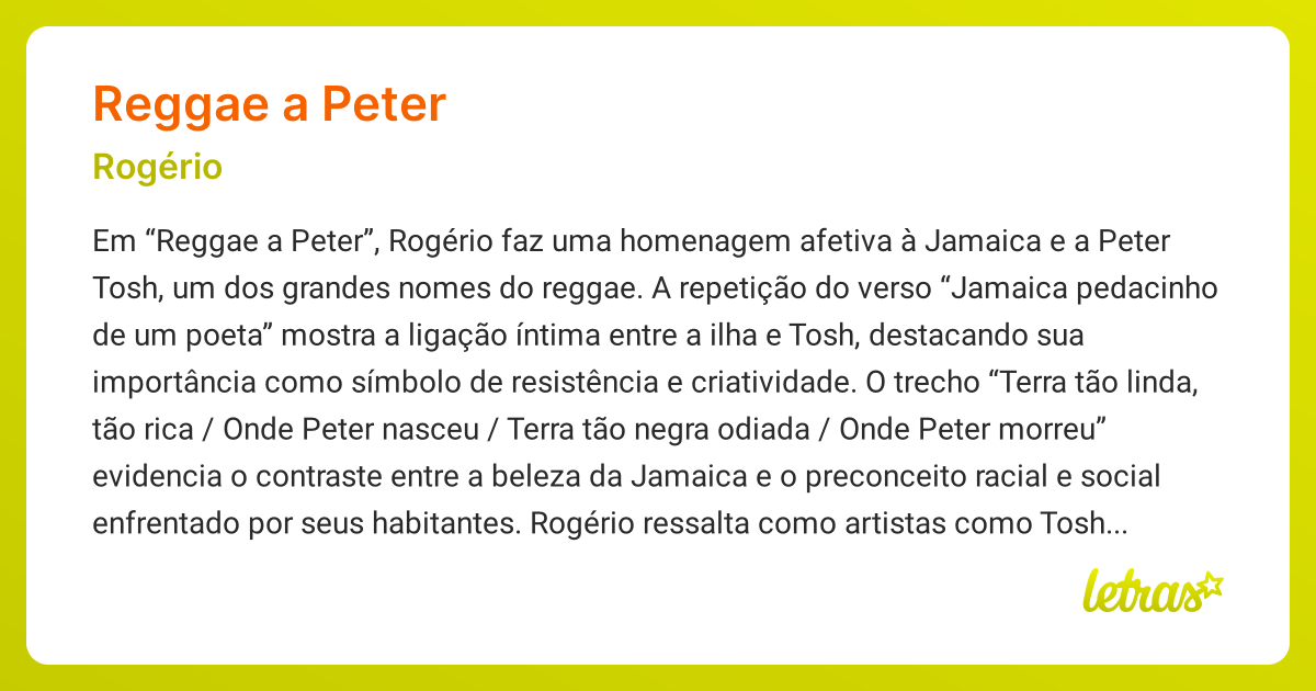 Significado da música REGGAE A PETER (Rogério) - LETRAS.MUS.BR