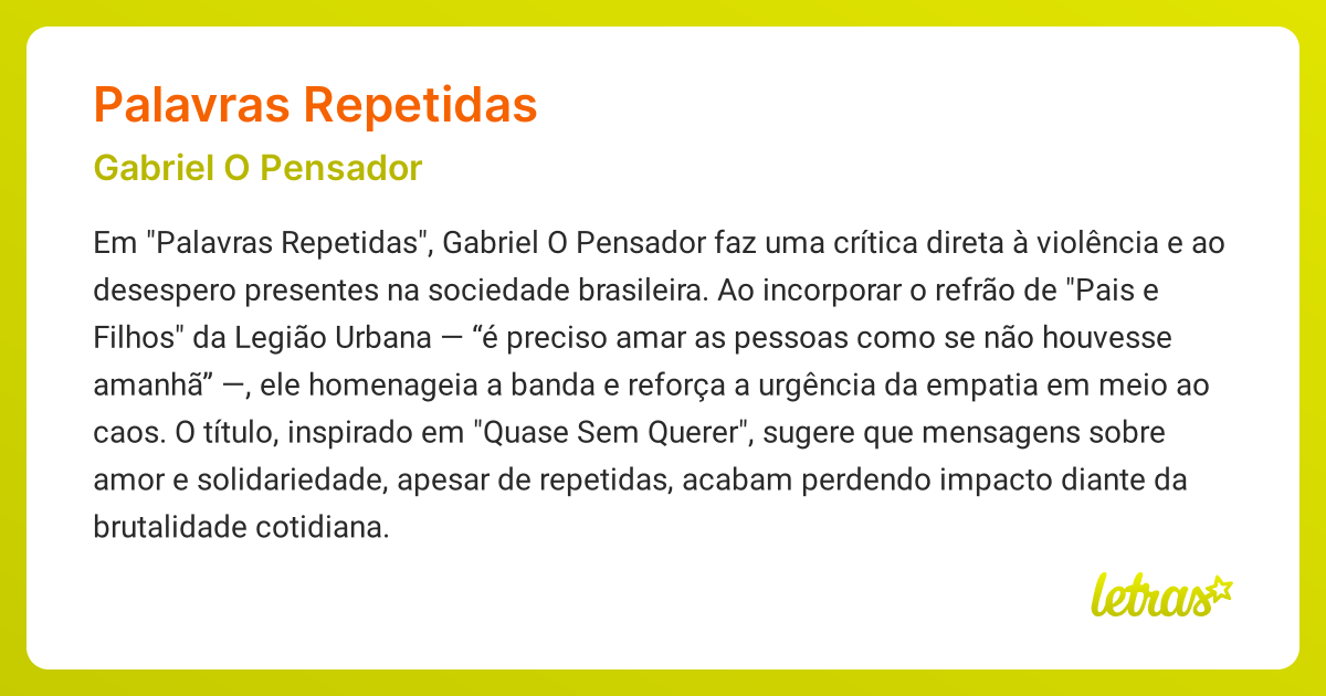 Significado da música PALAVRAS REPETIDAS (Gabriel O Pensador) - LETRAS.MUS.BR