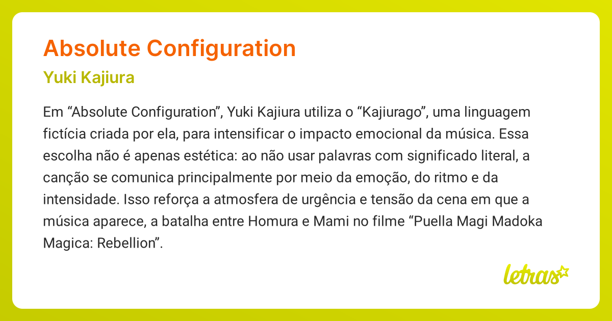 Significado da música ABSOLUTE CONFIGURATION (Yuki Kajiura) - LETRAS.MUS.BR