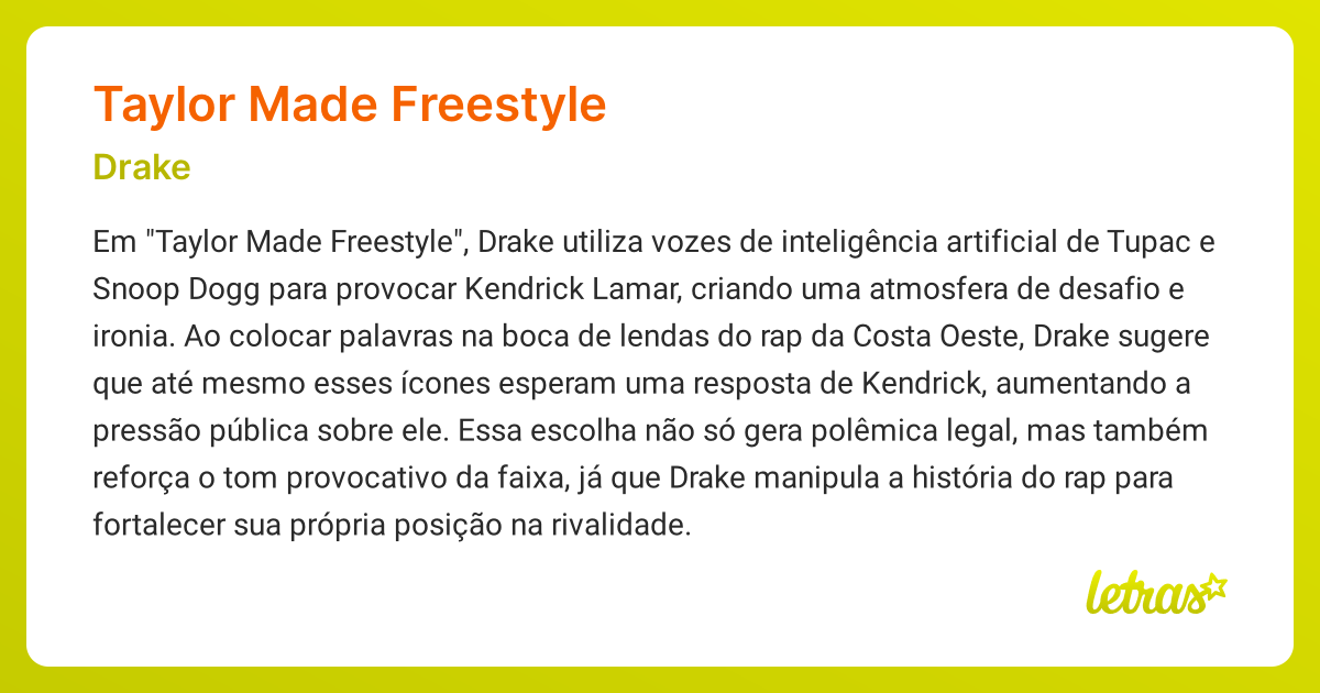 Significado da música TAYLOR MADE FREESTYLE (Drake) - LETRAS.MUS.BR