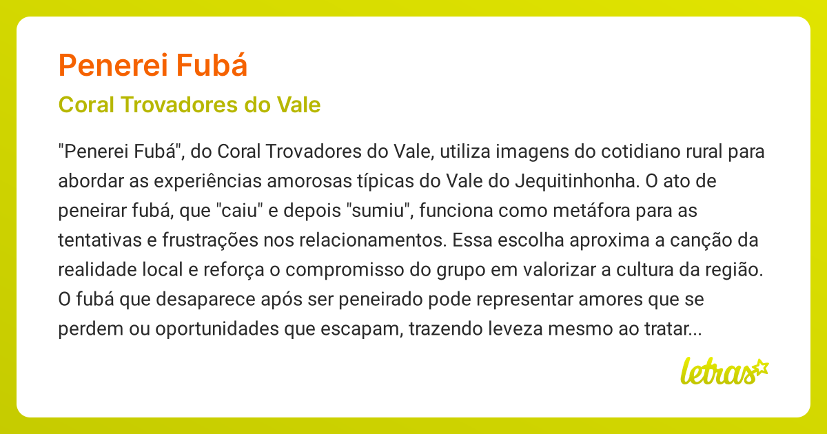 Significado da música PENEREI FUBÁ (Coral Trovadores do Vale) - LETRAS ...