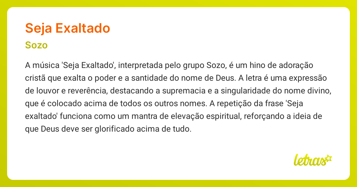 Significado da música SEJA EXALTADO (Sozo) - LETRAS.MUS.BR