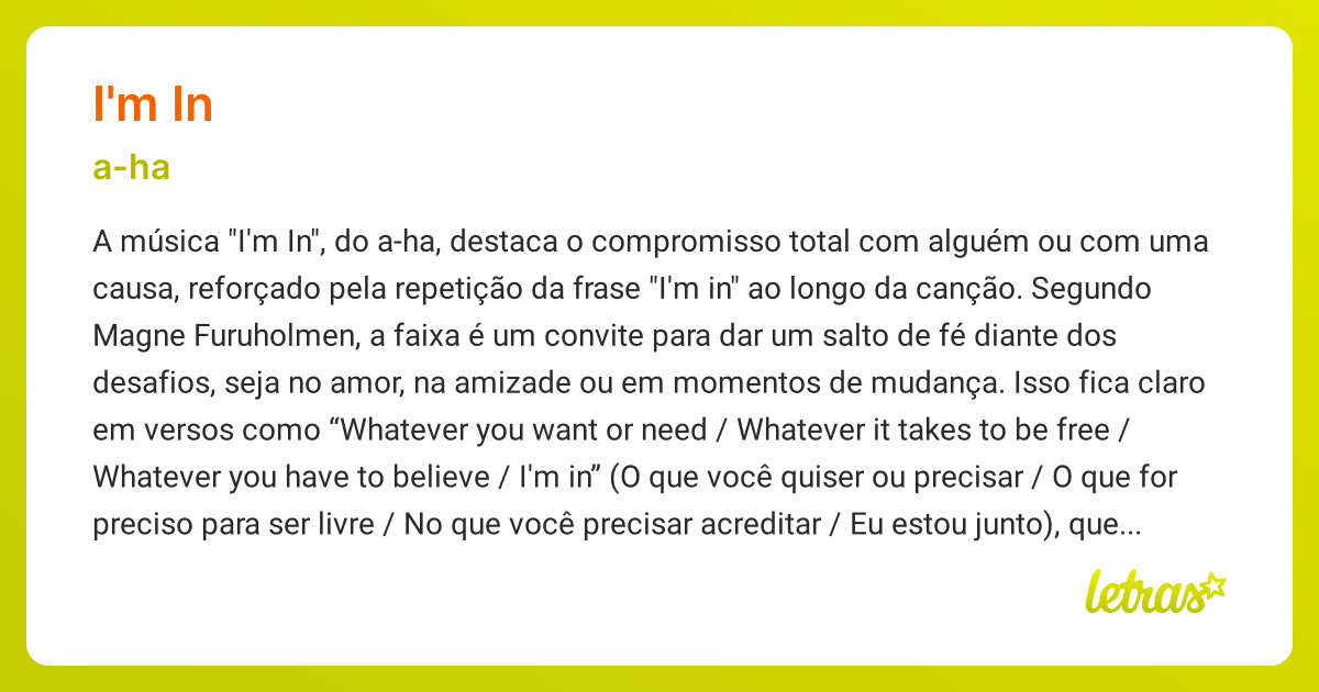 Significado da música I'M IN (a-ha) - LETRAS.MUS.BR