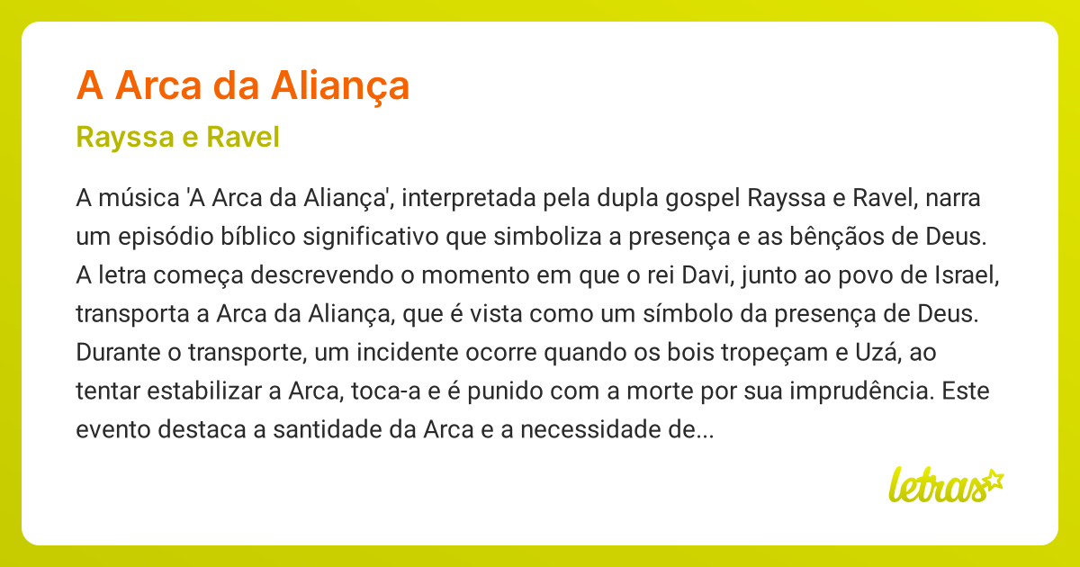 Significado da música A ARCA DA ALIANÇA (Rayssa e Ravel) - LETRAS.MUS.BR
