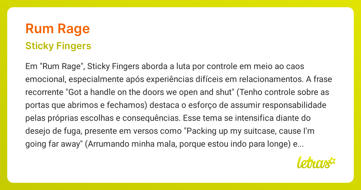 Significado da música RUM RAGE (Sticky Fingers) - LETRAS.MUS.BR