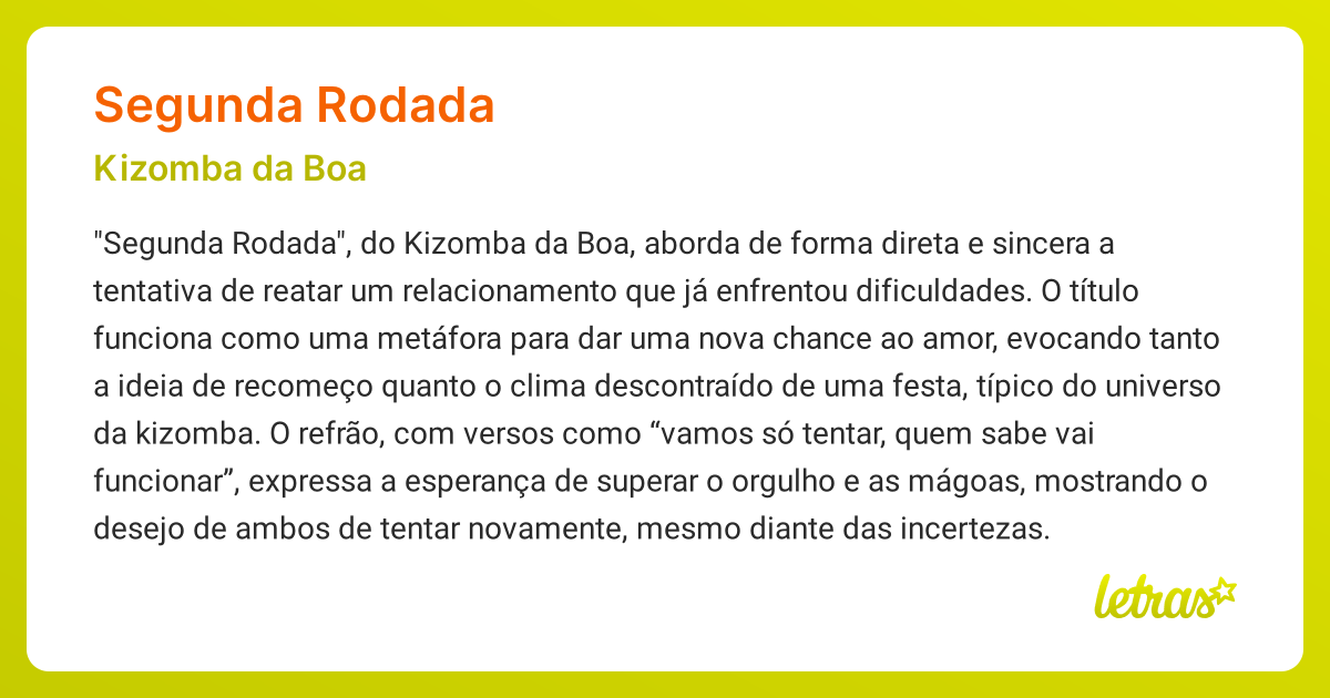 Significado da música SEGUNDA RODADA (Kizomba da Boa) - LETRAS.MUS.BR