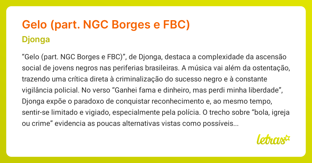 Significado da música GELO (PART. NGC BORGES E FBC) (Djonga) - LETRAS ...