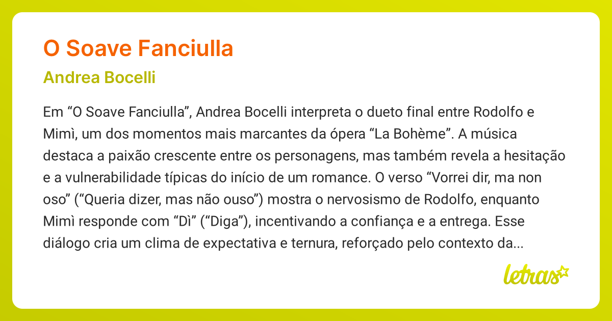 Significado da música O SOAVE FANCIULLA (Andrea Bocelli) - LETRAS.MUS.BR