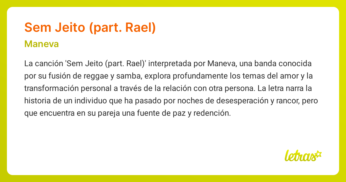 Significado de la canción SEM JEITO (PART. RAEL) (Maneva) - LETRAS.COM