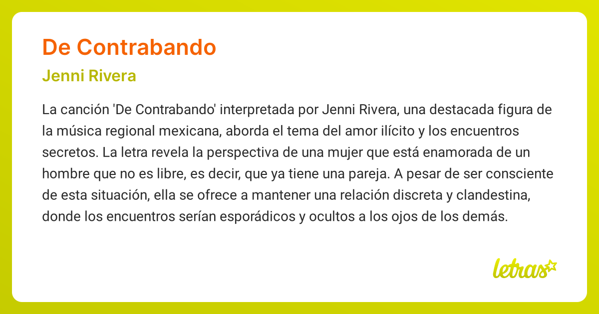 Significado de la canción DE CONTRABANDO (Jenni Rivera) - LETRAS.COM