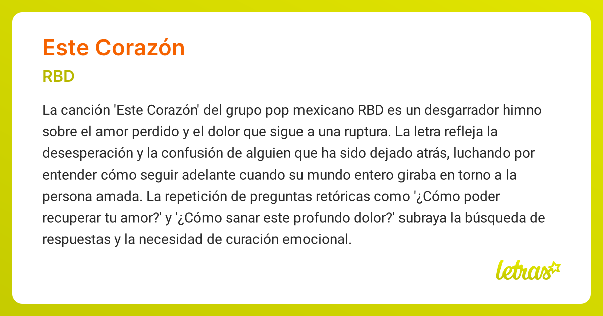 Significado de la canción ESTE CORAZÓN (RBD) - LETRAS.COM