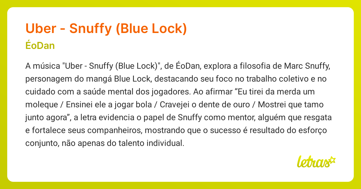 Significado da música UBER - SNUFFY (BLUE LOCK) (ÉoDan) - LETRAS.MUS.BR