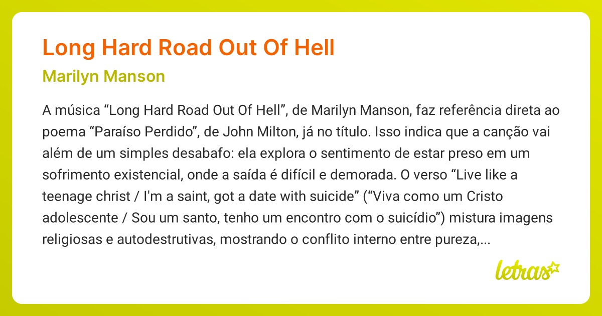 Significado da música LONG HARD ROAD OUT OF HELL (Marilyn Manson ...
