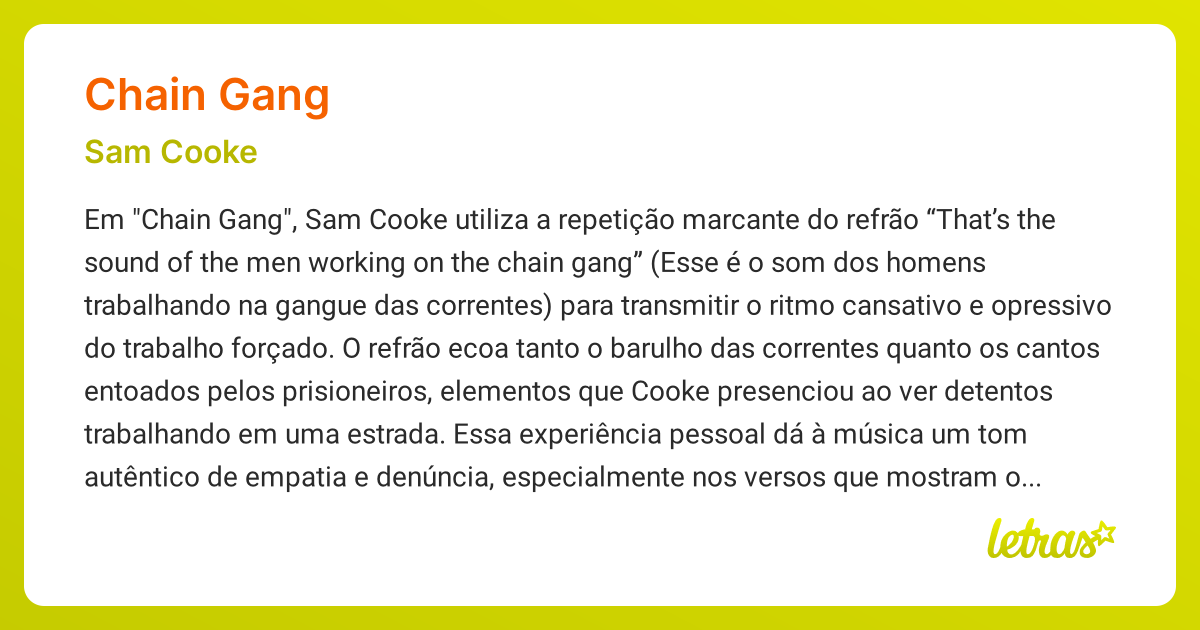 Significado da música CHAIN GANG (Sam Cooke) - LETRAS.MUS.BR