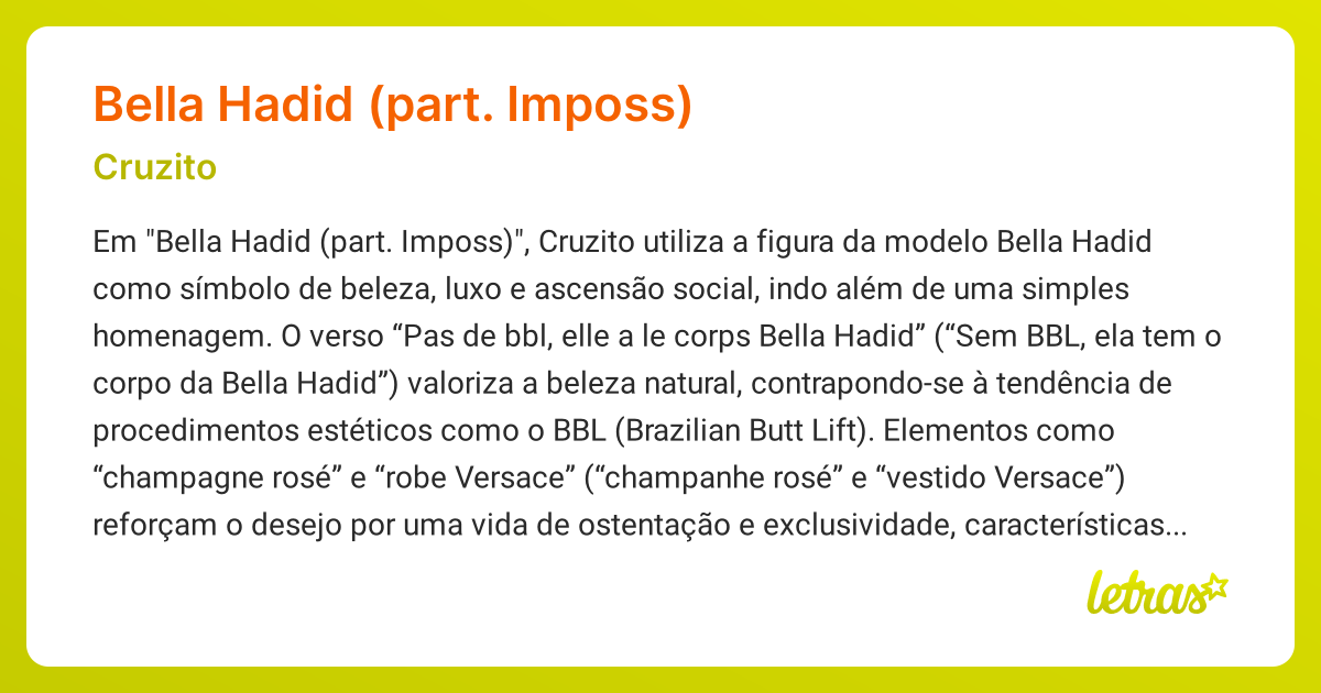 Significado da música BELLA HADID (PART. IMPOSS) (Cruzito) - LETRAS.MUS.BR