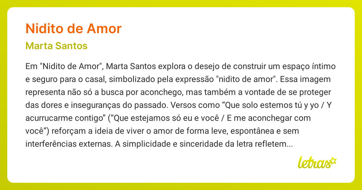 Significado da música NIDITO DE AMOR (Marta Santos) - LETRAS.MUS.BR