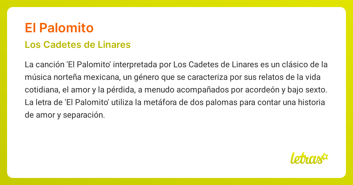 Significado de la canción EL PALOMITO (Los Cadetes de Linares) - LETRAS.COM