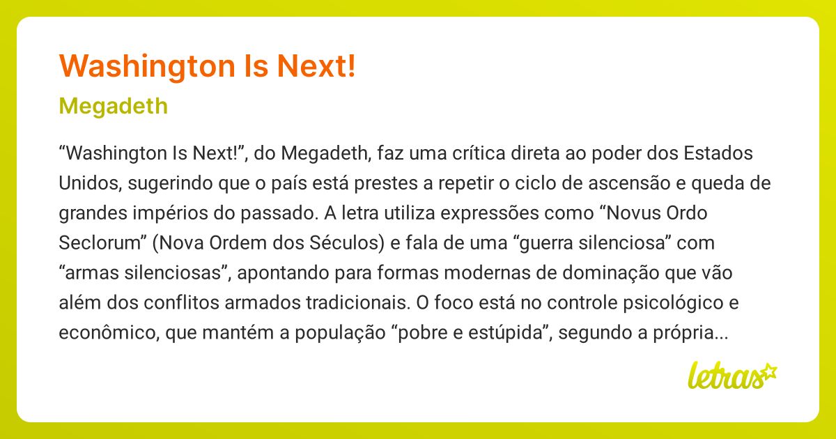 Significado da música WASHINGTON IS NEXT! (Megadeth) - LETRAS.MUS.BR