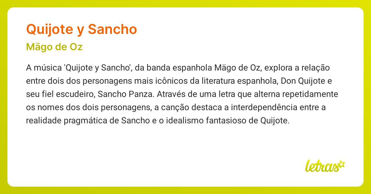 Significado da música QUIJOTE Y SANCHO (Mägo de Oz) - LETRAS.MUS.BR