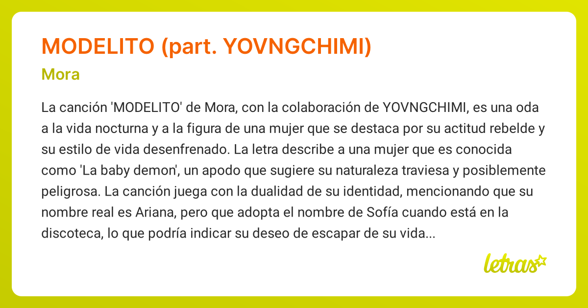 Significado de la canción MODELITO (PART. YOVNGCHIMI) (Mora) - LETRAS.COM