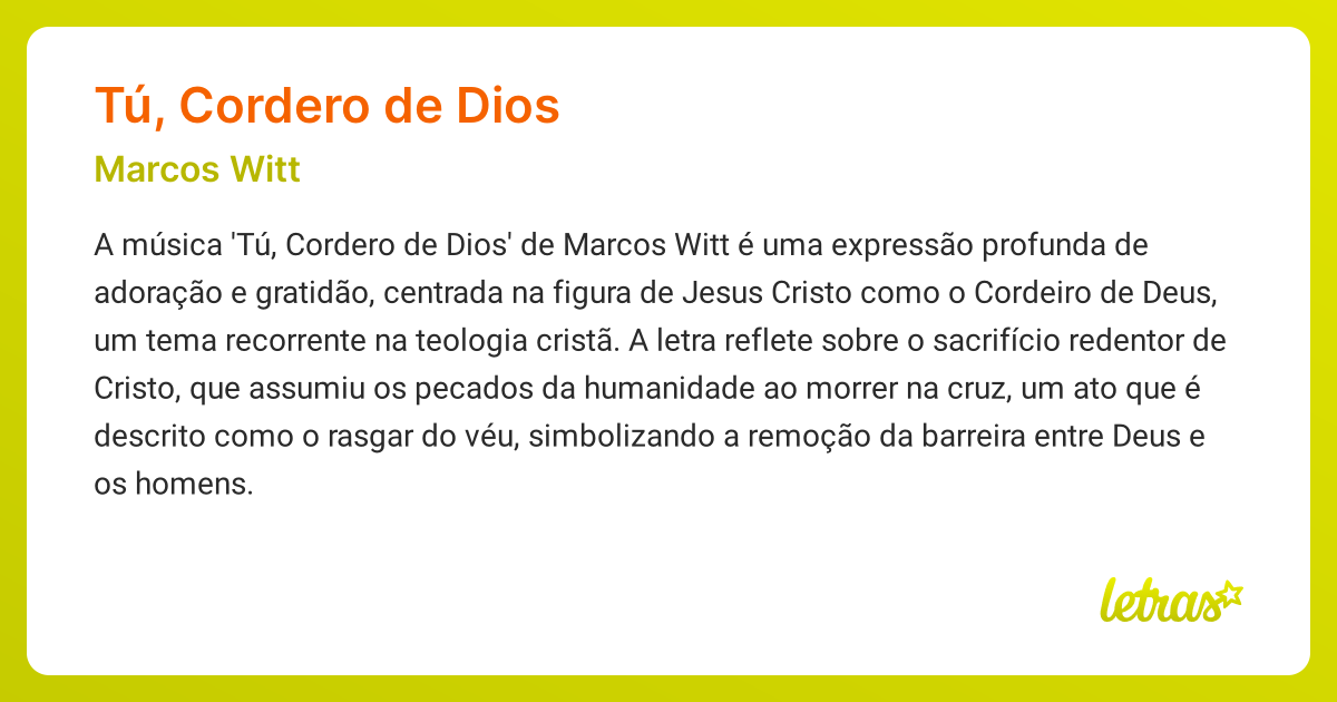 Significado da música TÚ, CORDERO DE DIOS (Marcos Witt) - LETRAS.MUS.BR