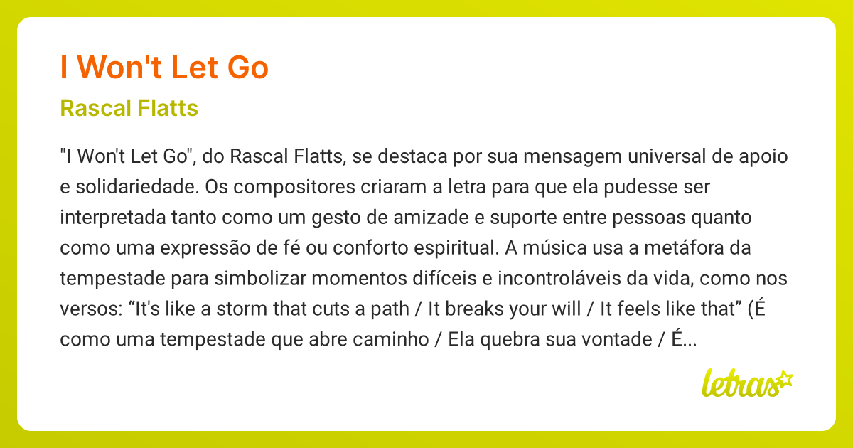 Significado da música I WON'T LET GO (Rascal Flatts) - LETRAS.MUS.BR