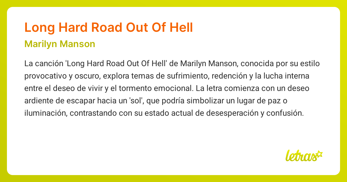 Significado de la canción LONG HARD ROAD OUT OF HELL (Marilyn Manson ...