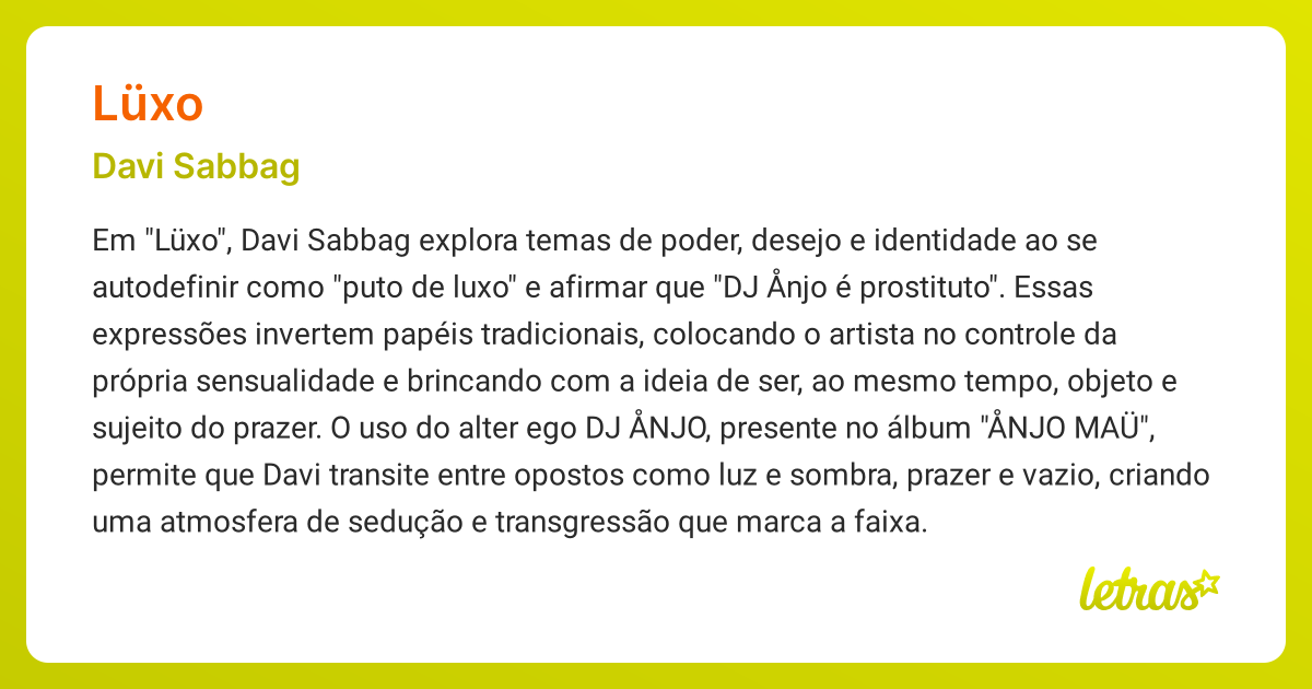 Significado da música LÜXO (Davi Sabbag) - LETRAS.MUS.BR