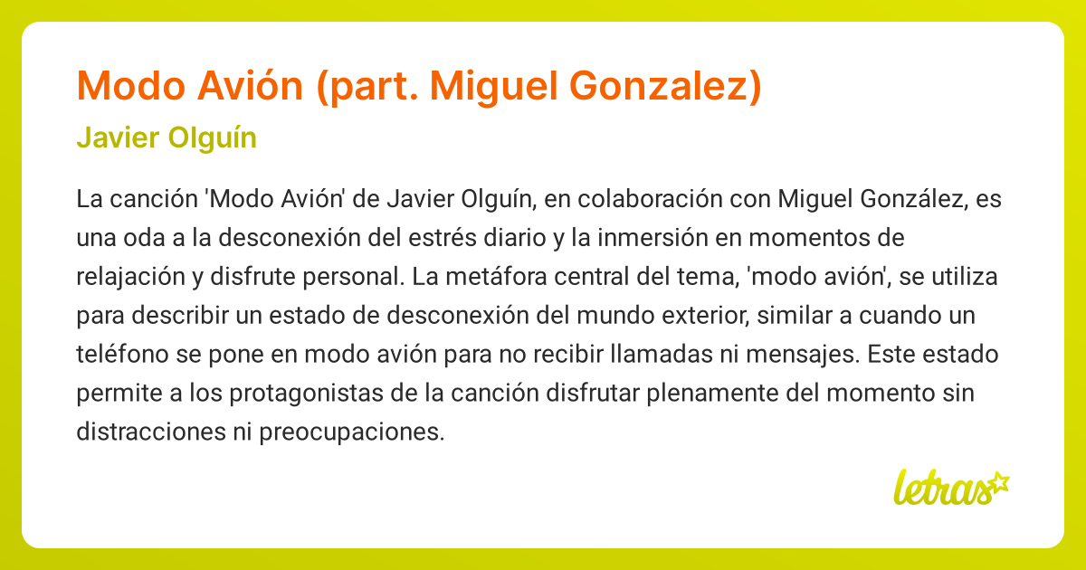 Significado de la canción Modo Avión (part. Miguel Gonzalez) (Javier Olguín) - LETRAS.COM