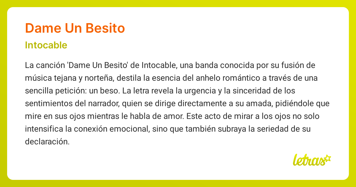 Significado de la canción DAME UN BESITO (Intocable) - LETRAS.COM