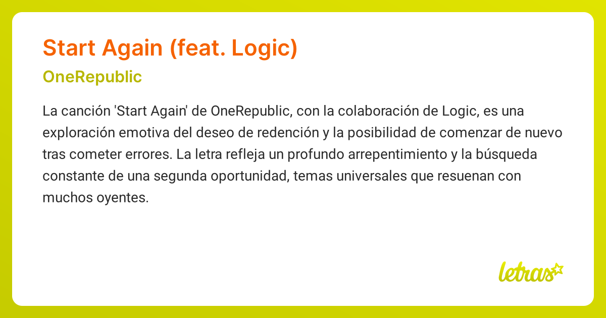 Significado de la canción START AGAIN (FEAT. LOGIC) (OneRepublic ...