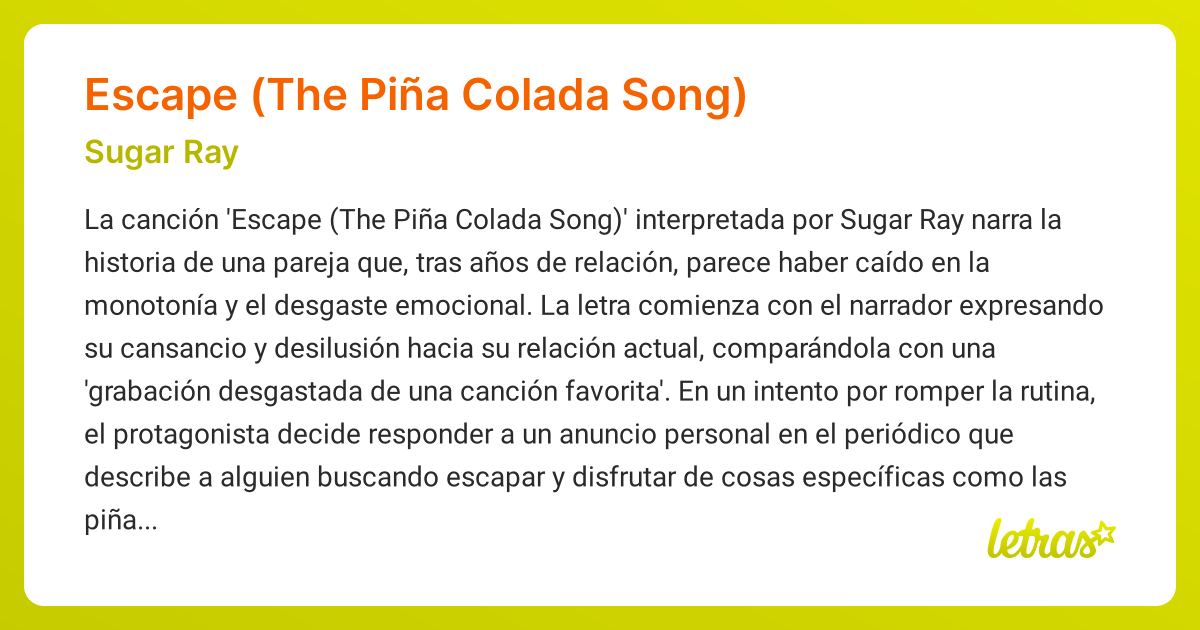 Significado de la canción ESCAPE (THE PIÑA COLADA SONG) (Sugar Ray ...