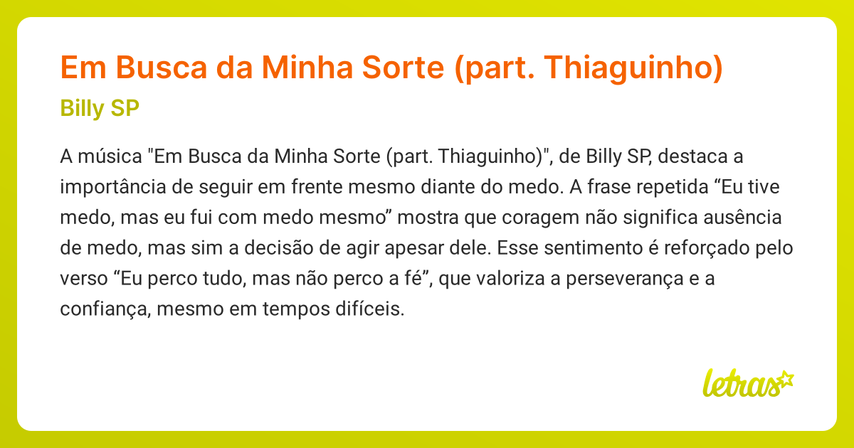 Significado da música Em Busca da Minha Sorte (part. Thiaguinho) (Billy ...