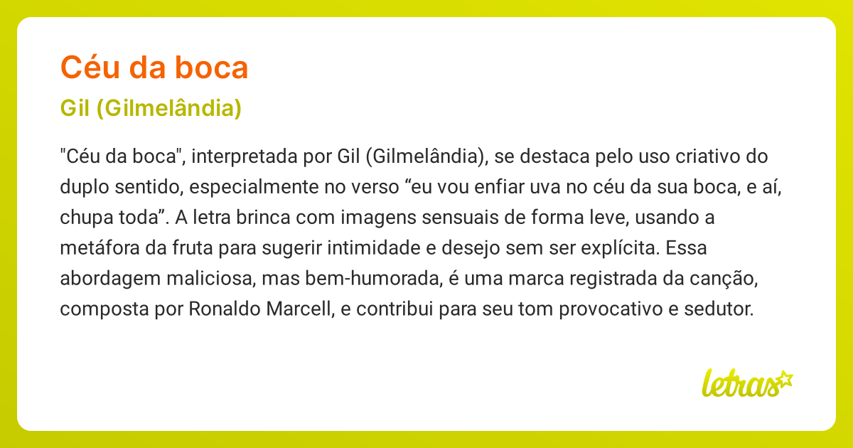 Significado da música CÉU DA BOCA (Gil (Gilmelândia)) - LETRAS.MUS.BR