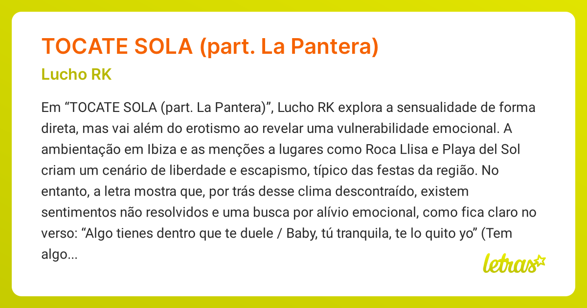 Significado da música TOCATE SOLA (PART. LA PANTERA) (Lucho RK ...
